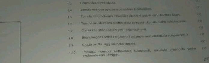 1.3 Chaza ukuthi yini isizura 1.4 Tomula