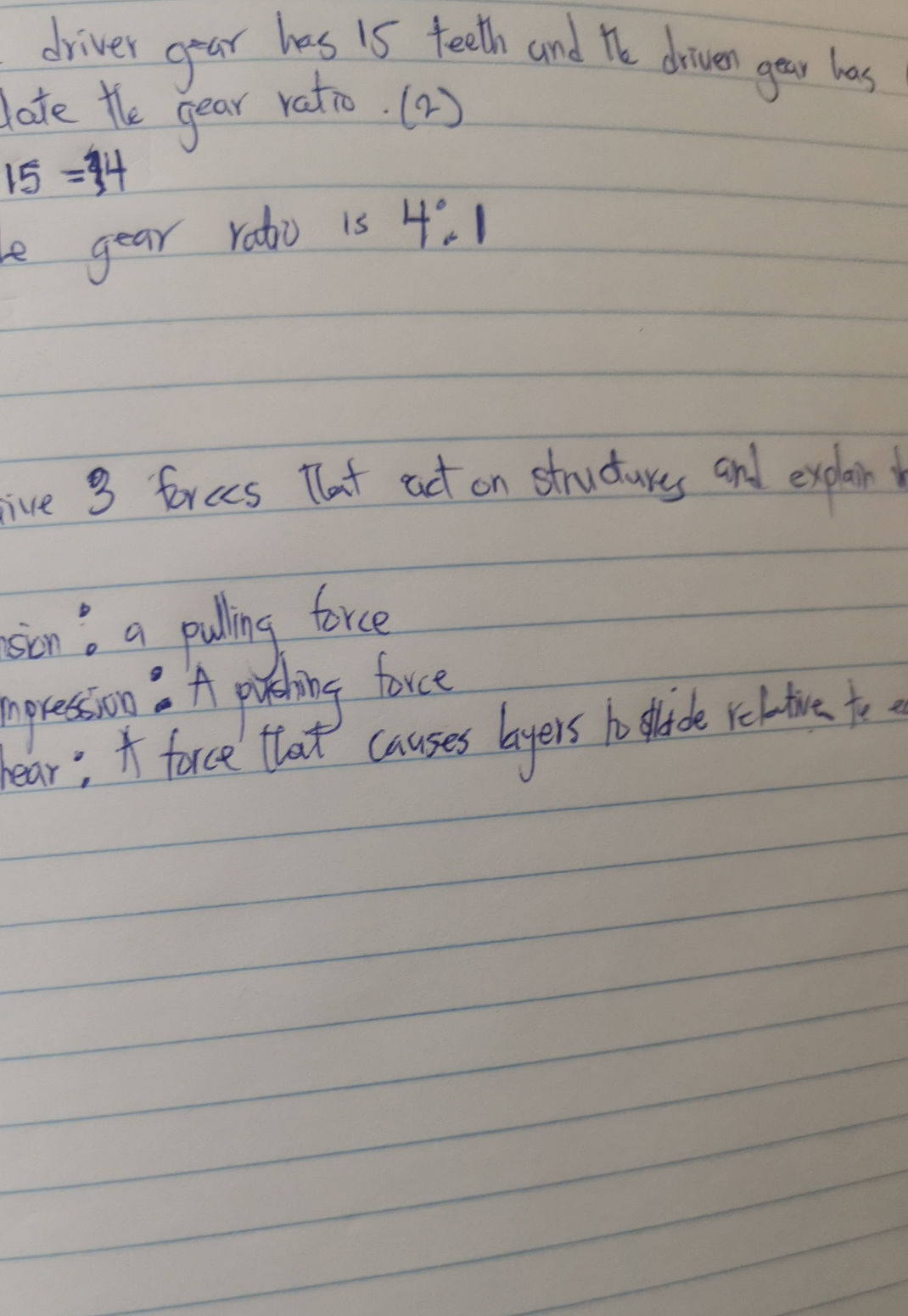 Calculate the gear ratio. Give 3 forces | StudyX