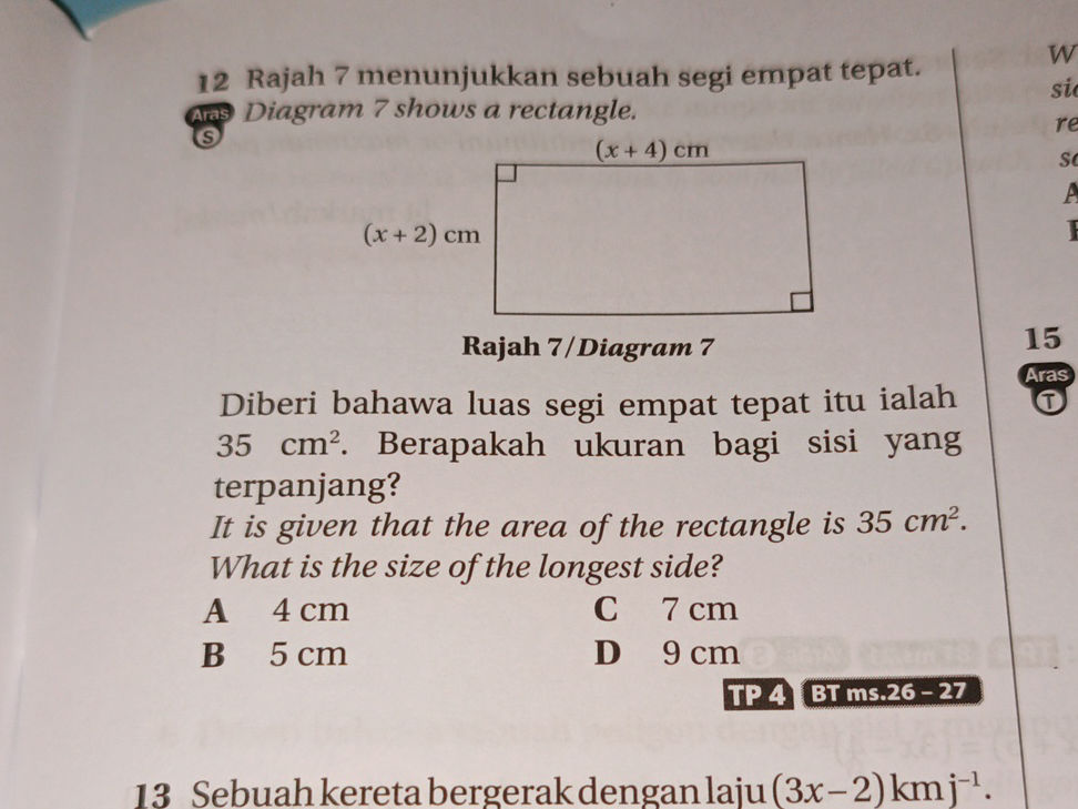Diagram 7 shows a rectangle. (x + 4) cm (x | StudyX