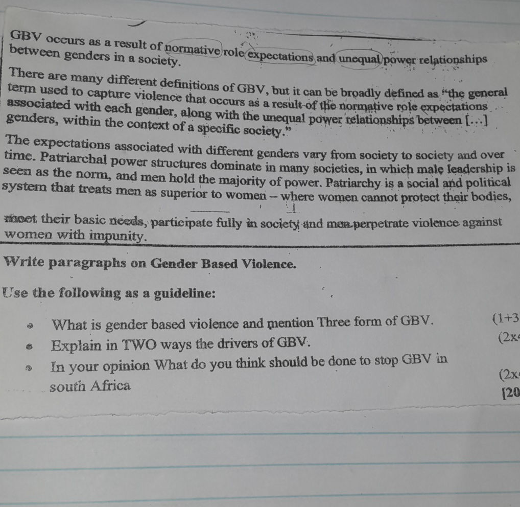 Write paragraphs on Gender Based Violence. | StudyX