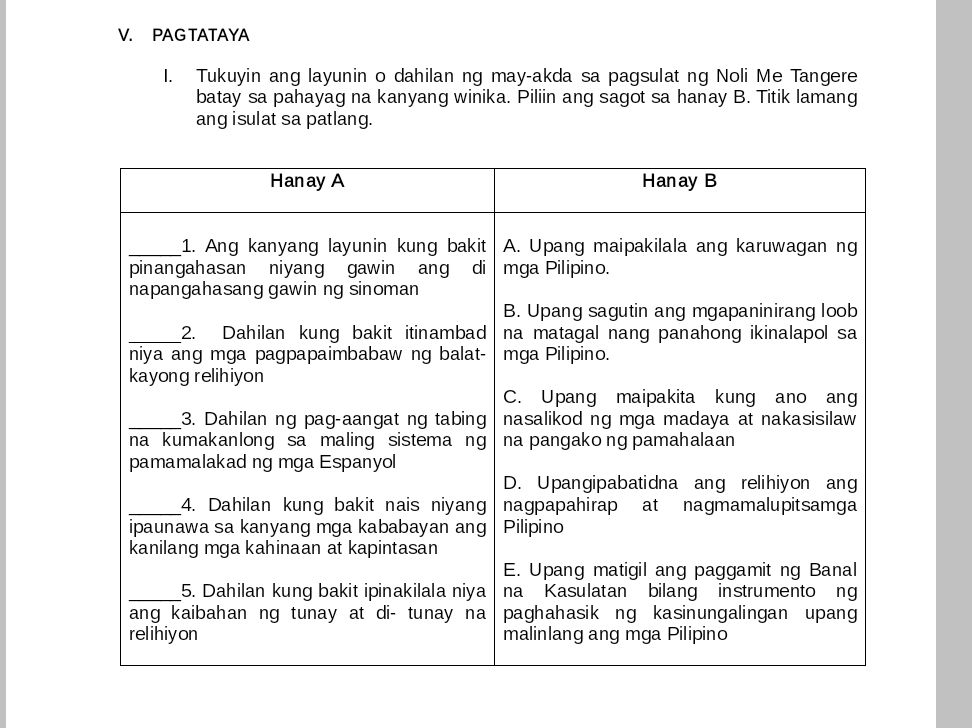 v. PAGTATAYA I. Tukuyin ang layunin o | StudyX