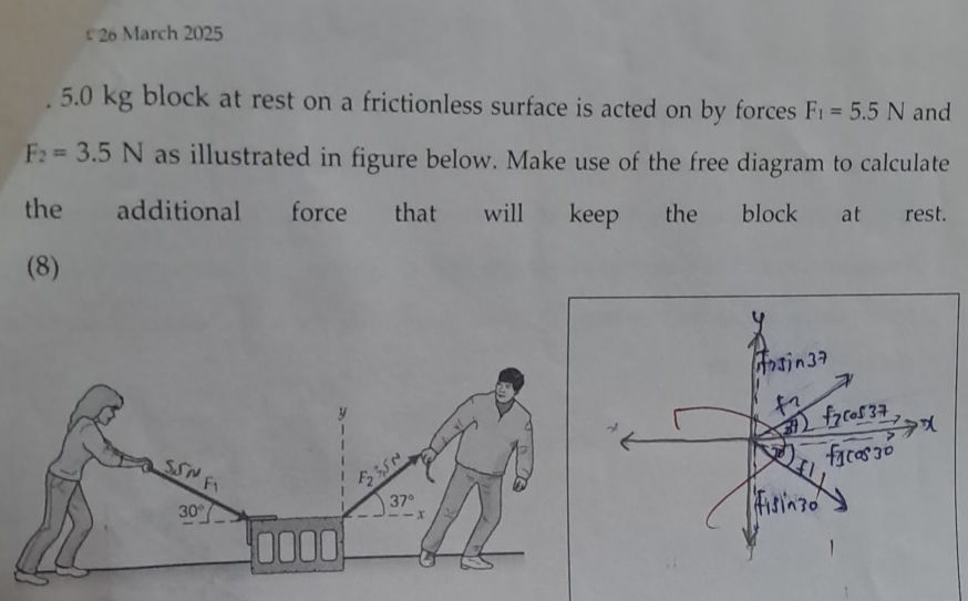 5.0 kg block at rest on a frictionless | StudyX