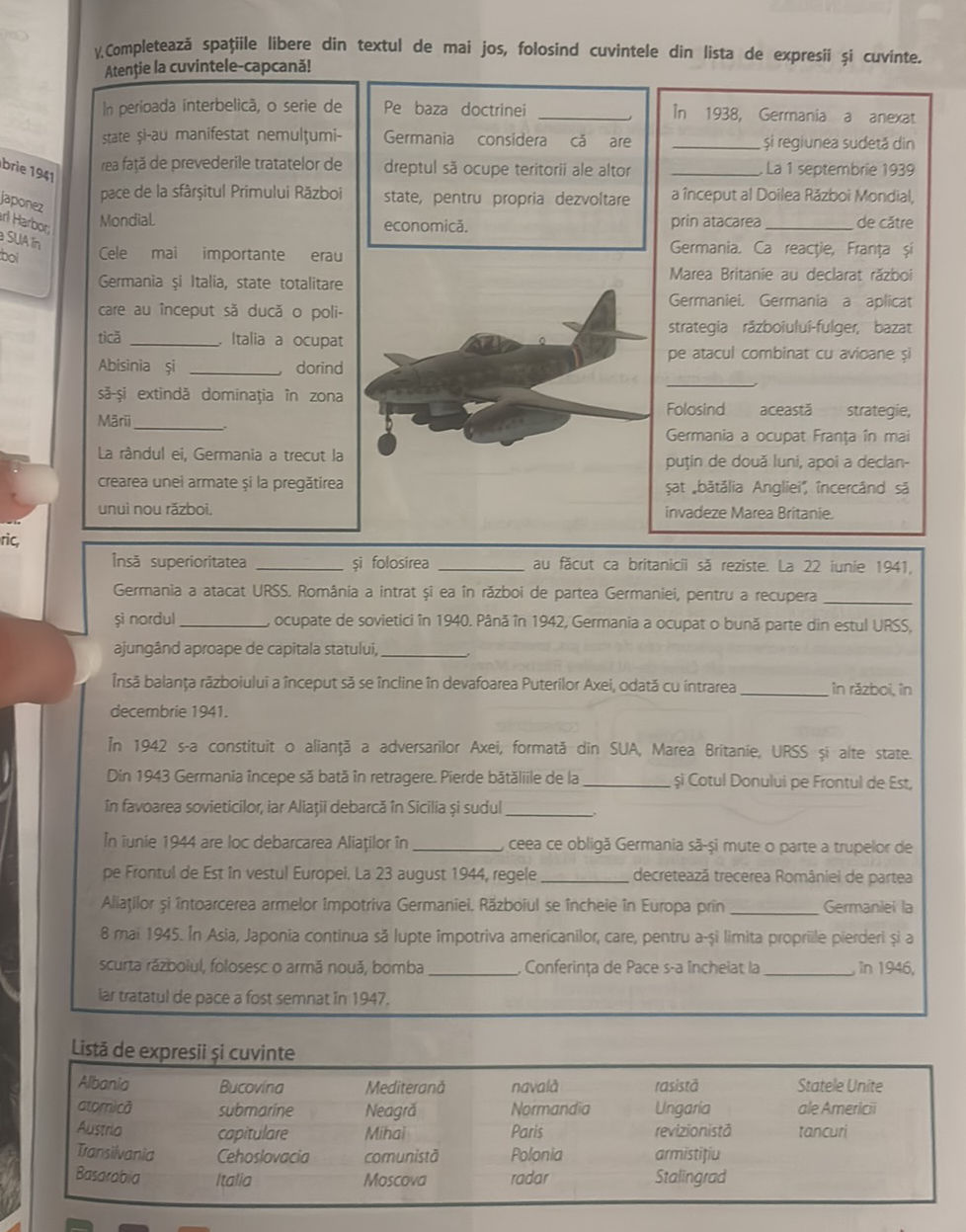 V. Completează spațiile libere din textul de | StudyX
