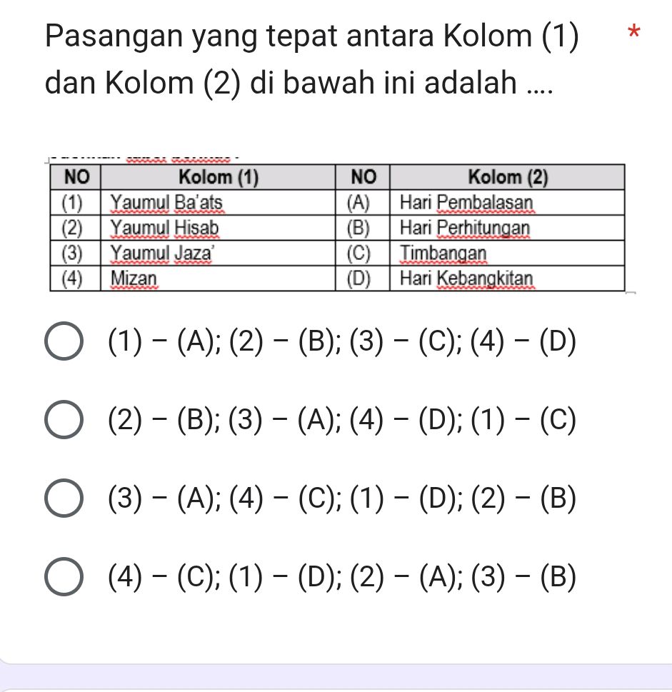 Pasangan yang tepat antara Kolom (1) dan | StudyX