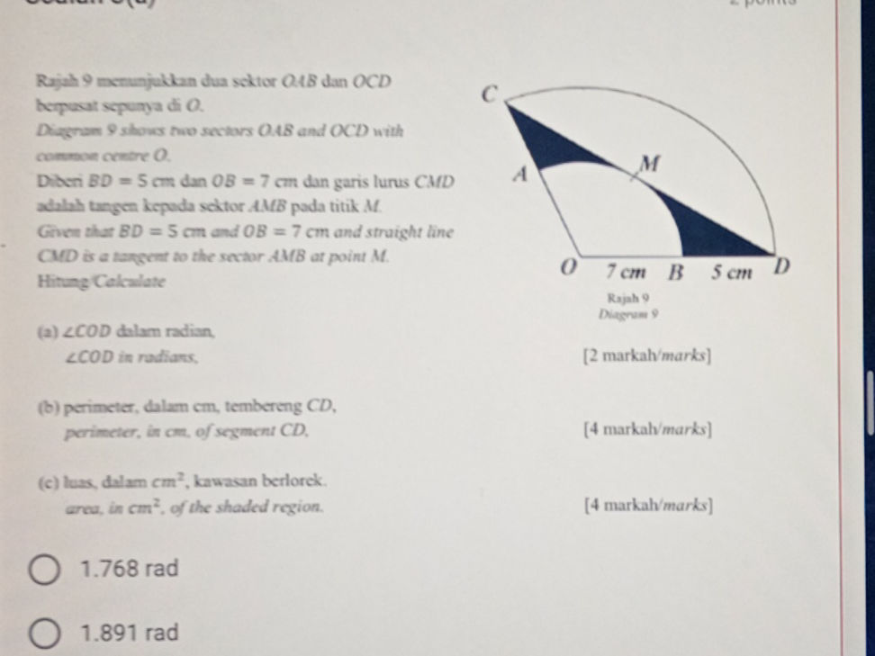Rajah 9 menunjukkan dua sektor OAB dan OCD | StudyX