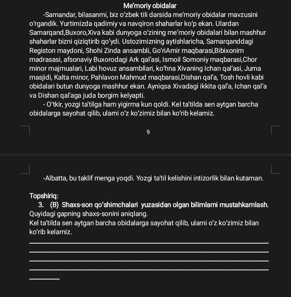 Topshiriq: 3. (B) Shaxs-son qo'shimchalari | StudyX