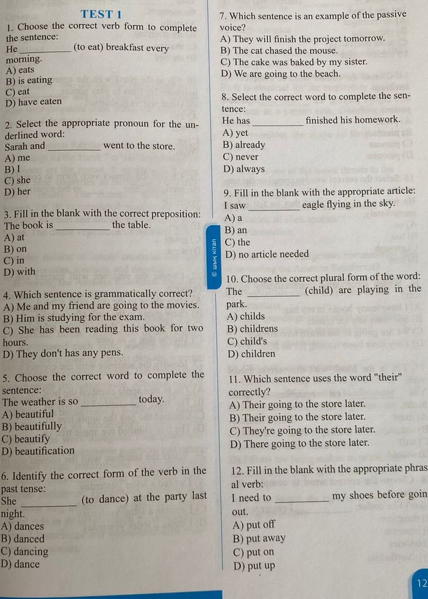 1. Choose the correct verb form to complete | StudyX