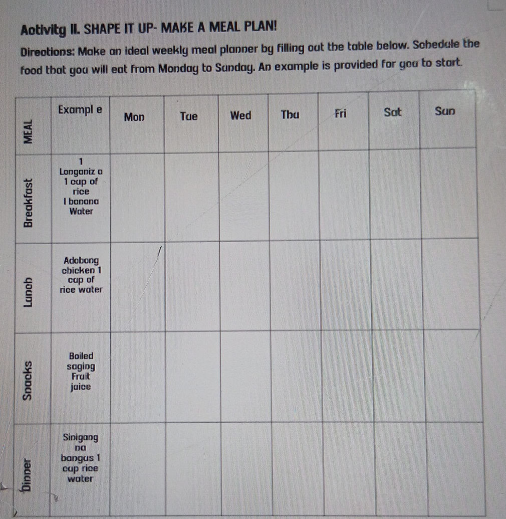 Activity II. SHAPE IT UP- MAKE A MEAL PLAN! | StudyX