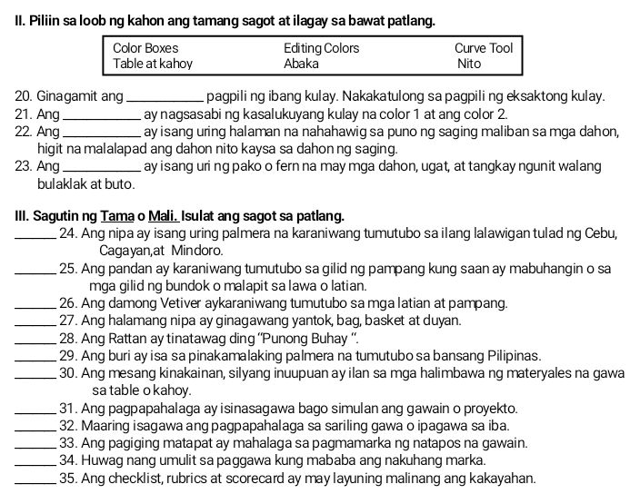 II. Piliin sa loob ng kahon ang tamang sagot | StudyX