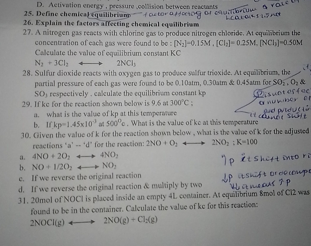 25. Define chemical equilibrium 26. Explain | StudyX