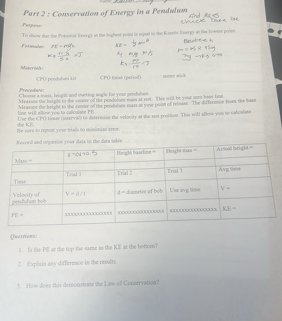 Part 2: Conservation of Energy in a Pendulum | StudyX