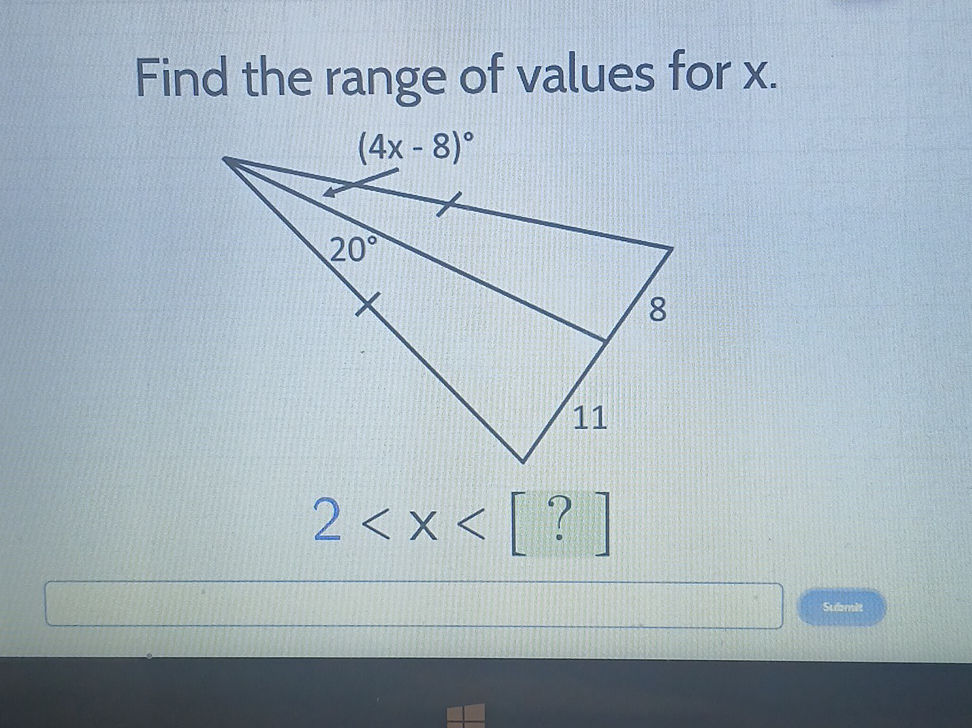 Find the range of values for x. (4x - 8)° | StudyX