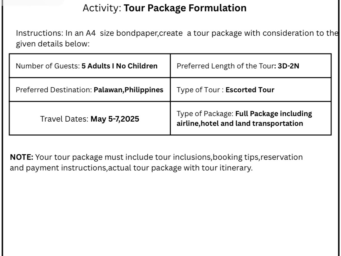 Activity: Tour Package Formulation | StudyX