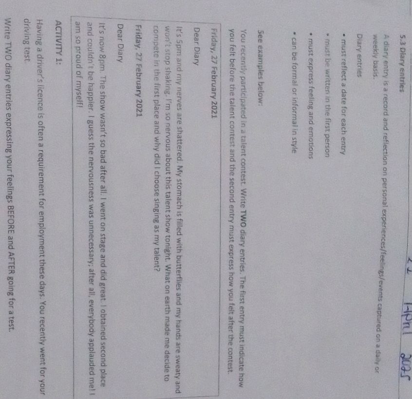 5.3 Diary entries A diary entry is a record | StudyX