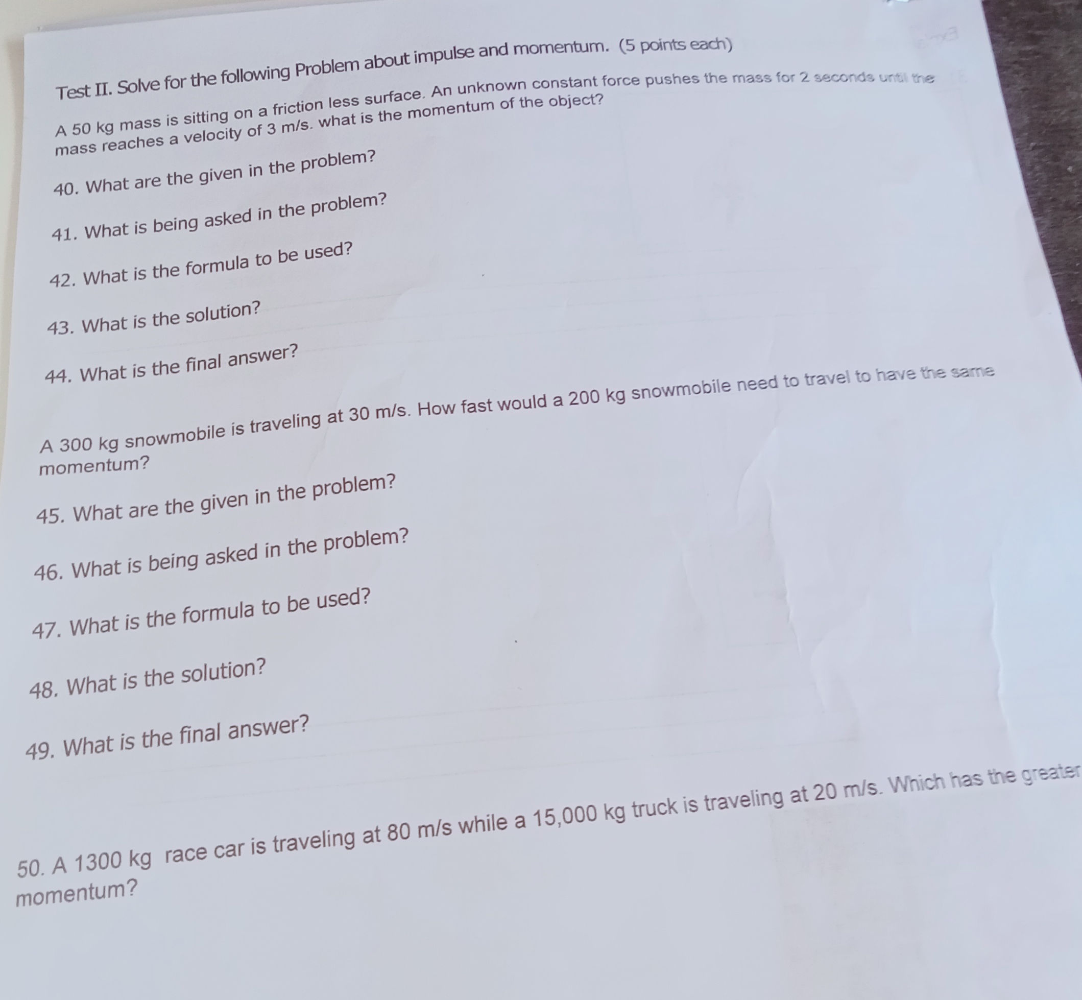 Test II. Solve for the following Problem | StudyX