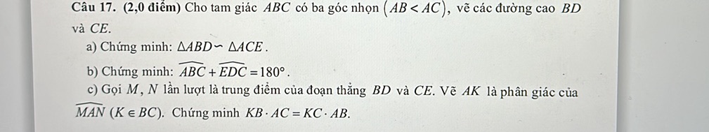 Câu 17. (2,0 điểm) Cho tam giác ABC có ba | StudyX