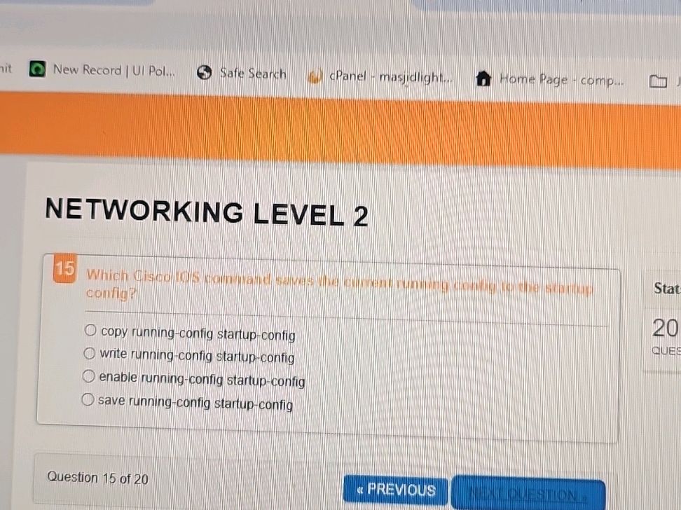 15 Which Cisco IOS command saves the current | StudyX