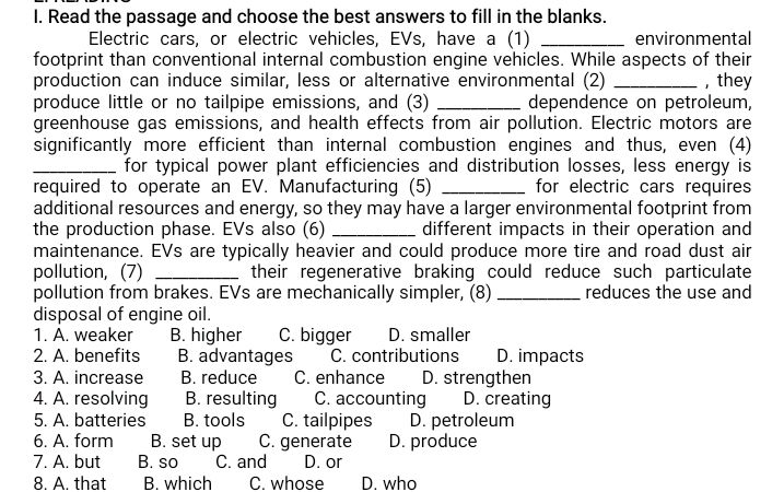 I. Read the passage and choose the best | StudyX