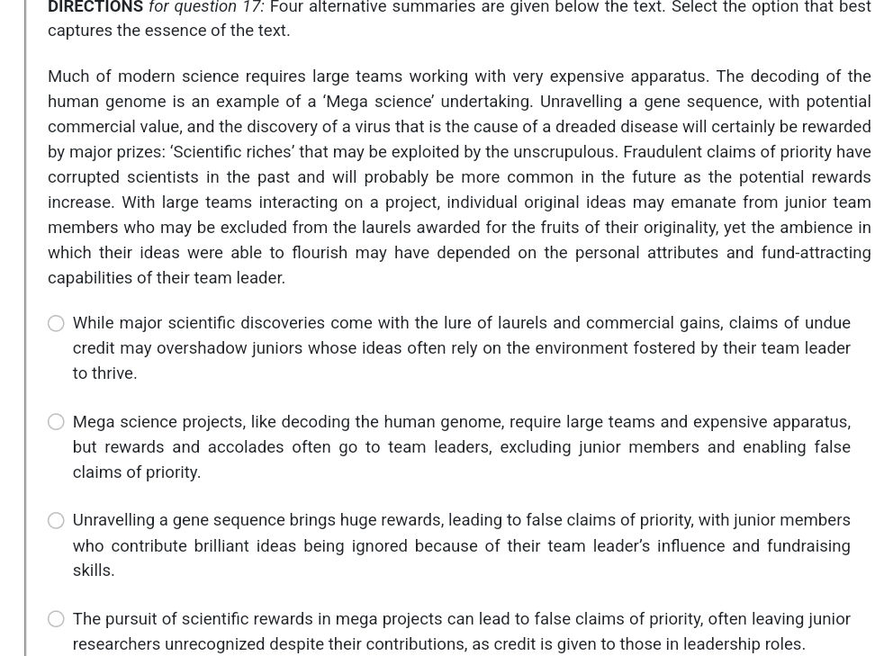 DIRECTIONS for question 17: Four alternative | StudyX
