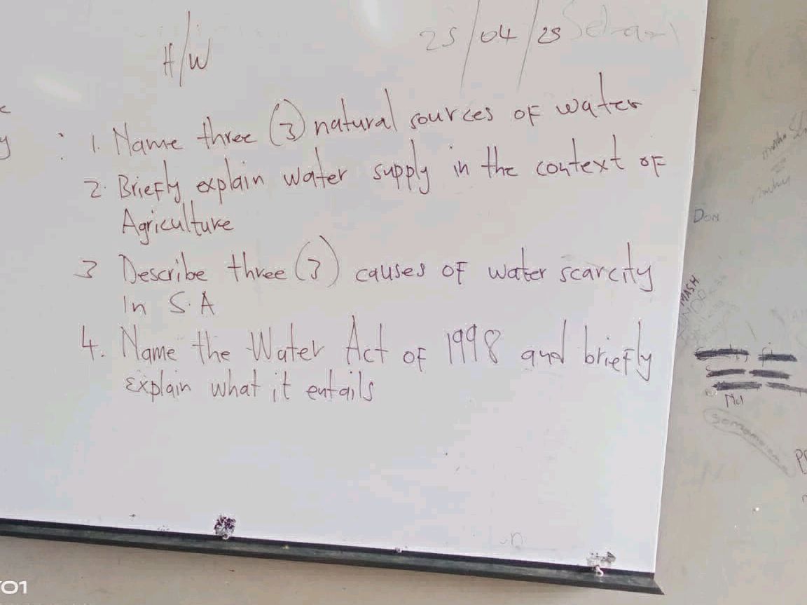 1. Name three (3) natural sources of water | StudyX