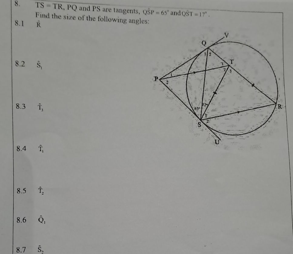 TS = TR, PQ and PS are tangents, QSP = 65° | StudyX