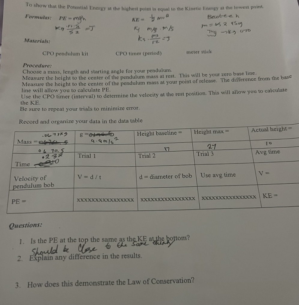 Formulas: $PE = mgh$ $KE = {1}{2}mv^2$ $K_y | StudyX