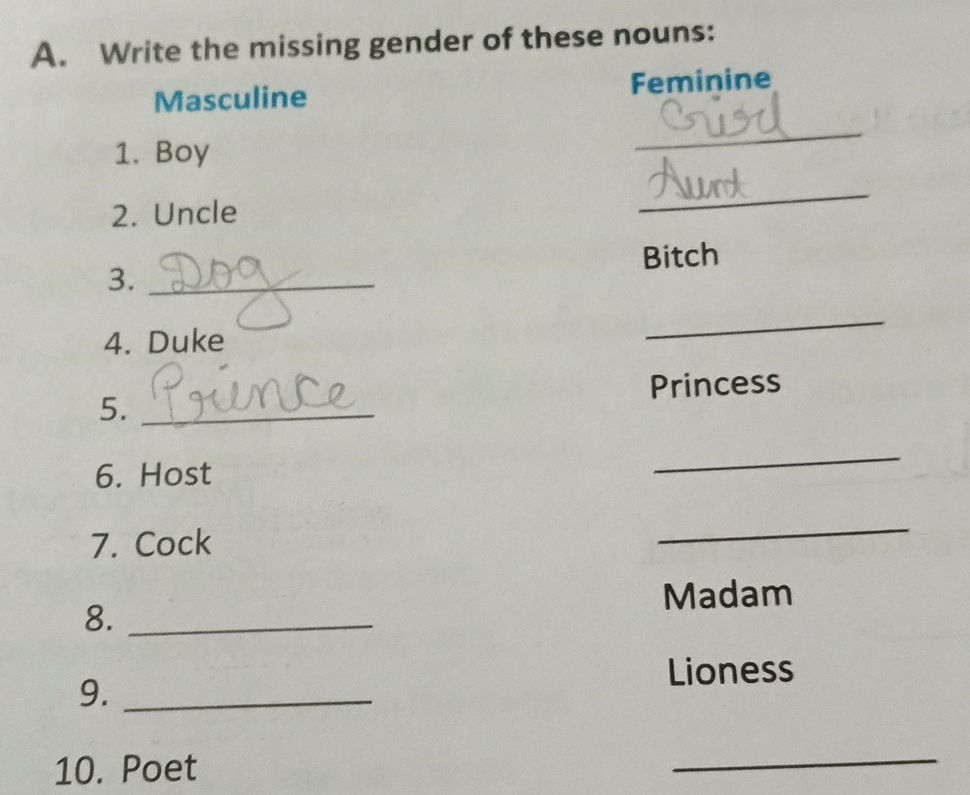 A. Write the missing gender of these nouns: | StudyX