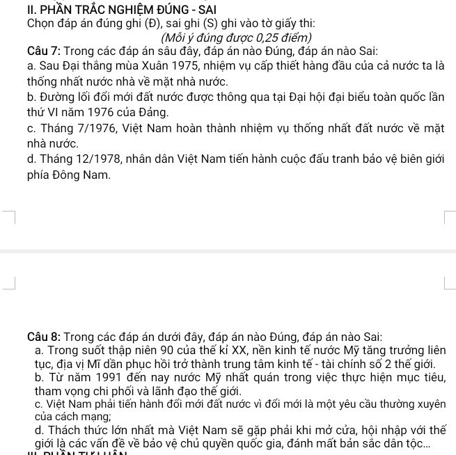II. PHẦN TRẮC NGHIỆM ĐÚNG - SAI Chọn đáp án | StudyX