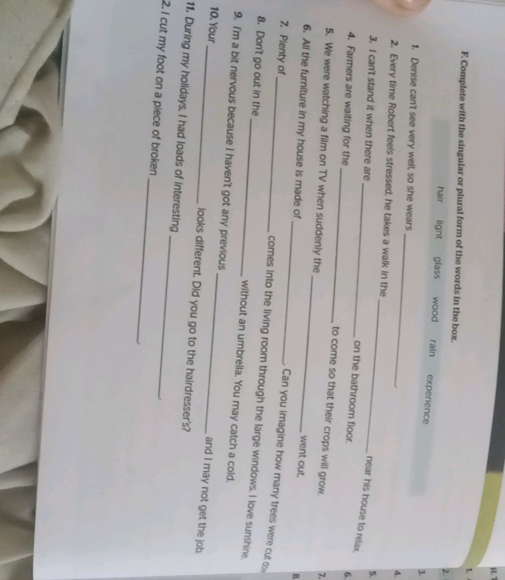 F. Complete with the singular or plural form | StudyX