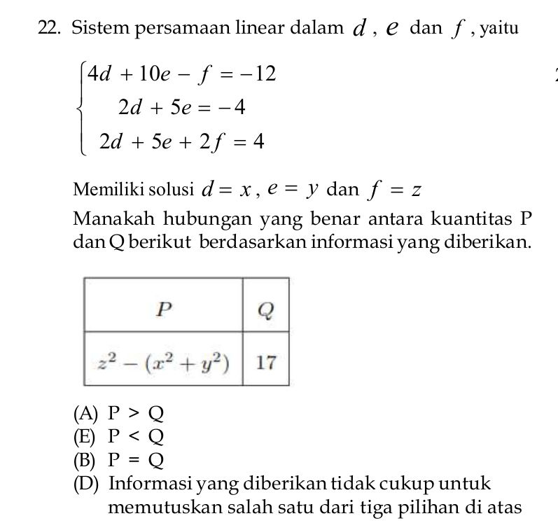22. Sistem persamaan linear dalam $d$, $e$ | StudyX
