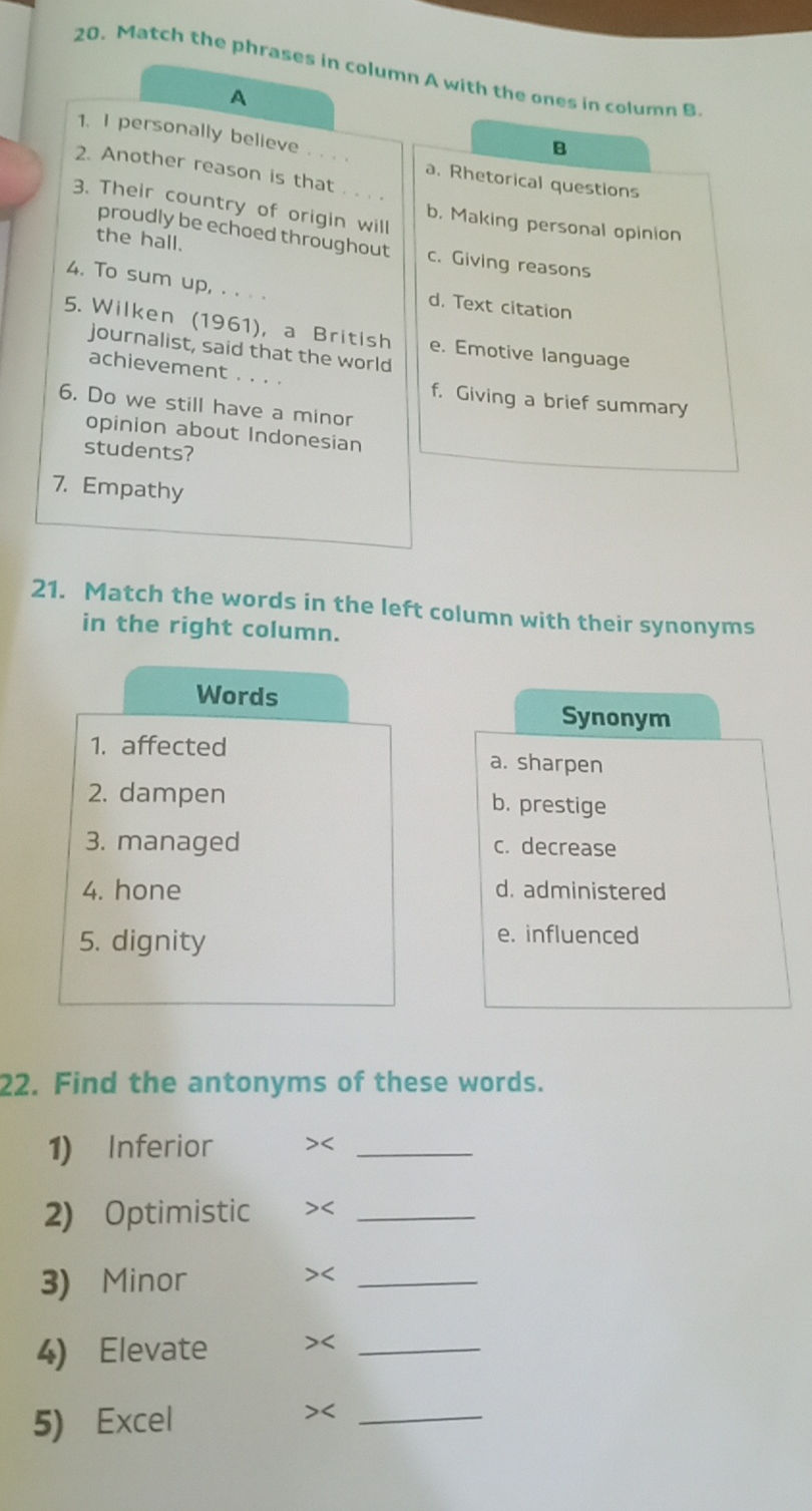 20. Match the phrases in column A with the | StudyX