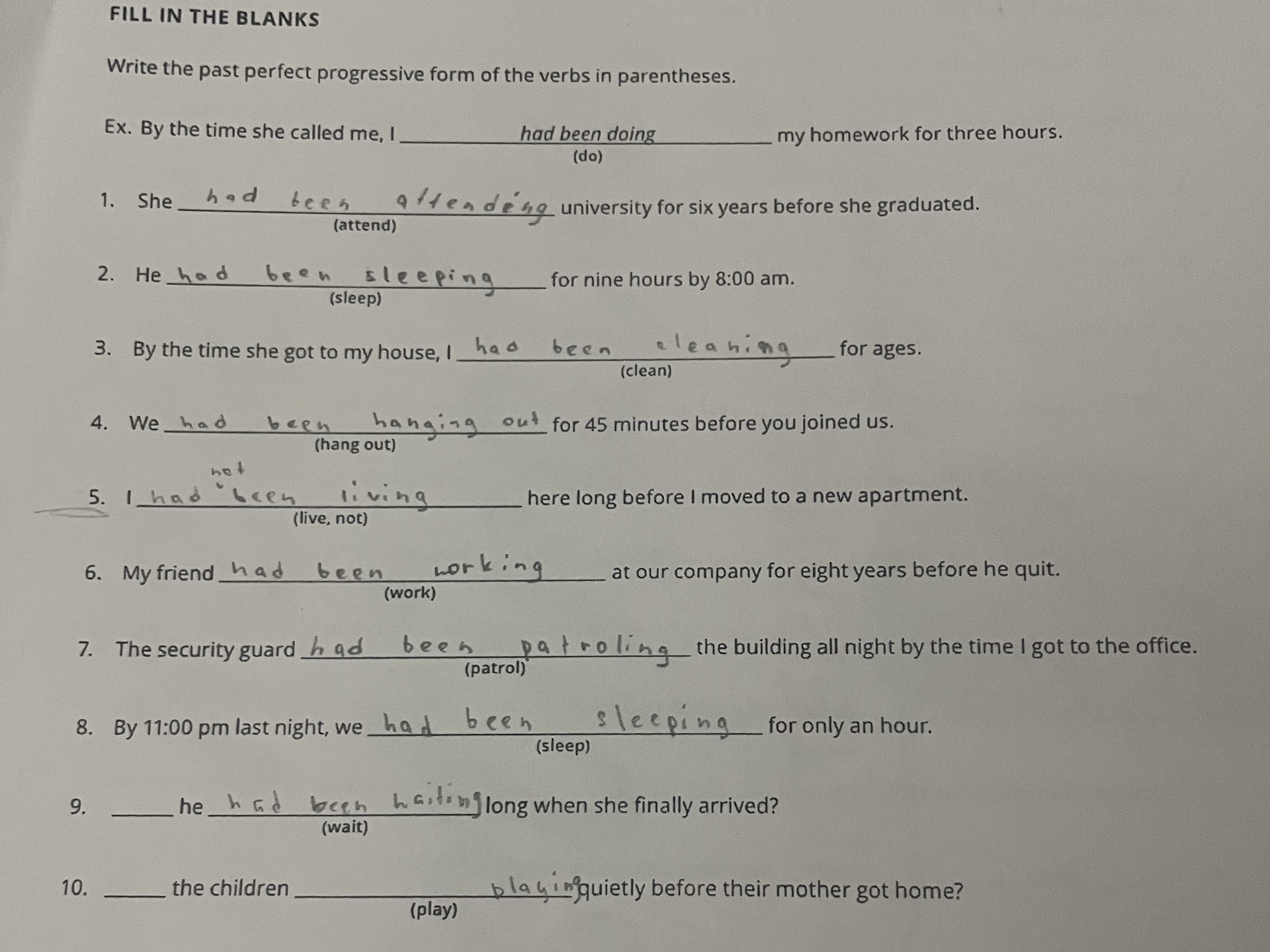 FILL IN THE BLANKS Write the past perfect | StudyX