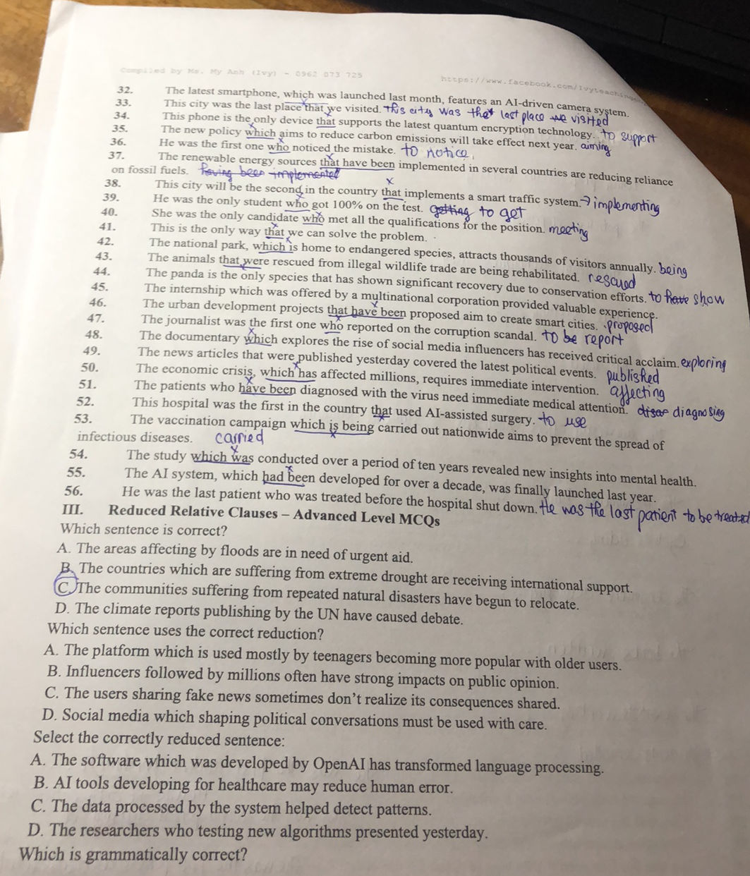 III. Reduced Relative Clauses - Advanced | StudyX