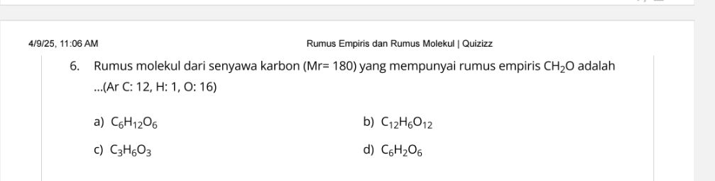 6. Rumus molekul dari senyawa karbon (Mr= | StudyX