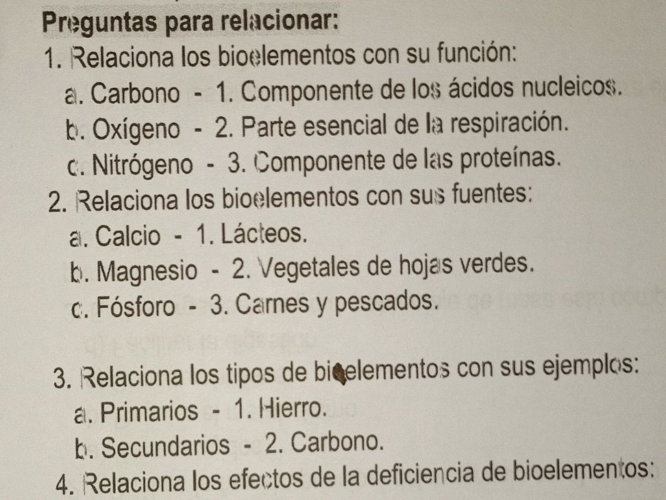 1. Relaciona los bioelementos con su | StudyX