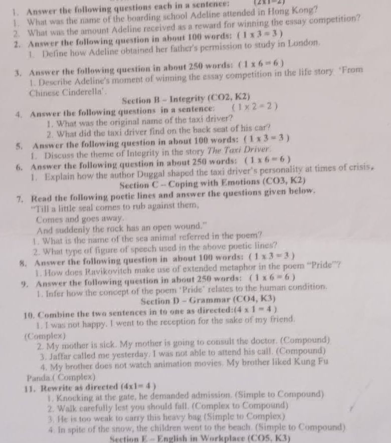 1. Answer the following questions each in a | StudyX