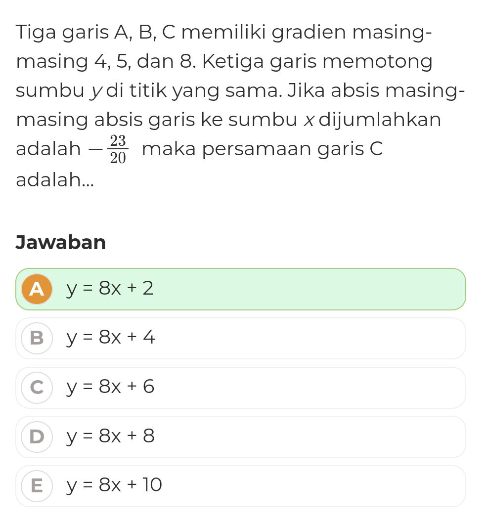 Tiga garis A, B, C memiliki gradien | StudyX