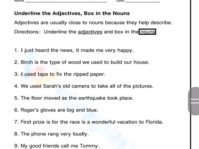 Underline the Adjectives, Box in the Nouns | StudyX