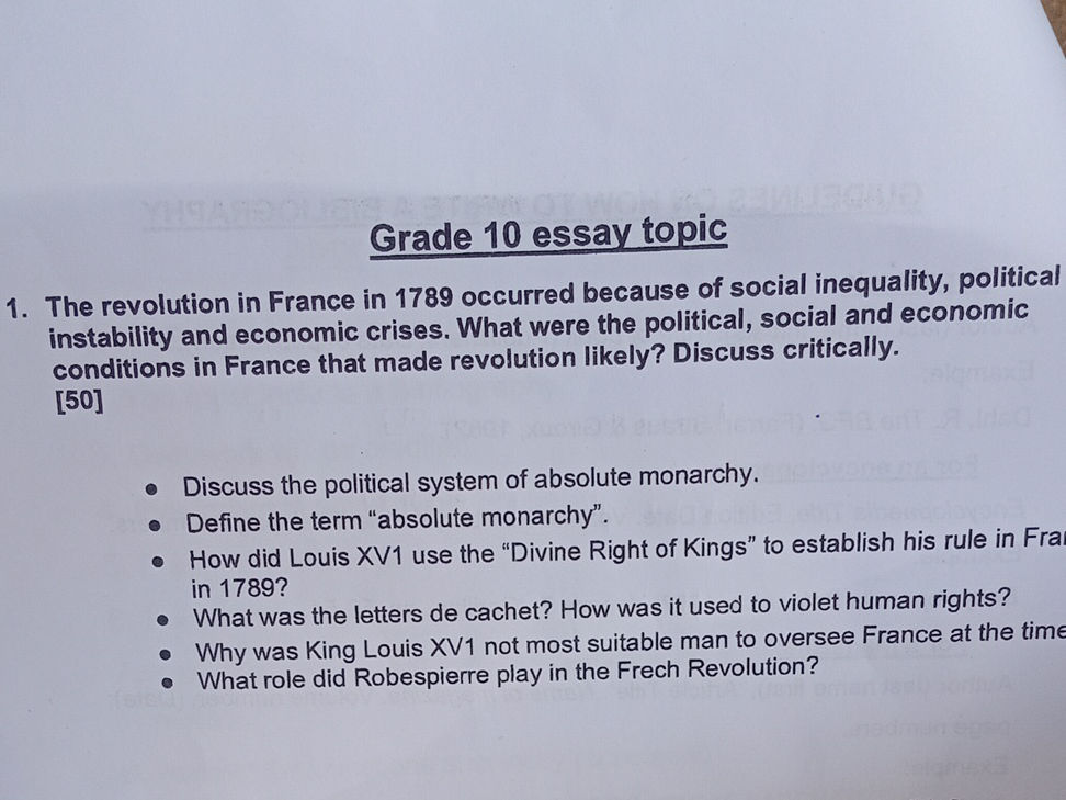 Grade 10 essay topic 1. The revolution in | StudyX