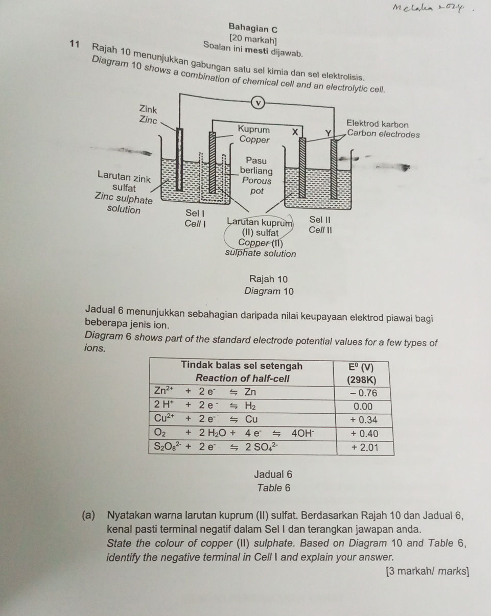 Rajah 10 menunjukkan gabungan satu sel kimia | StudyX