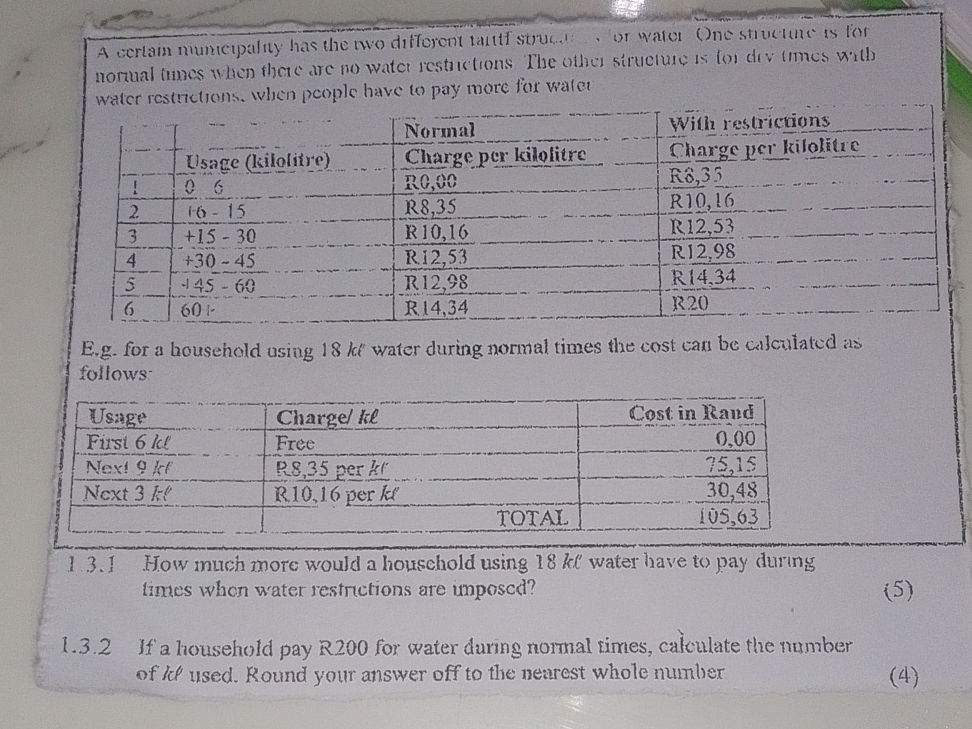 The following table shows the water usage | StudyX