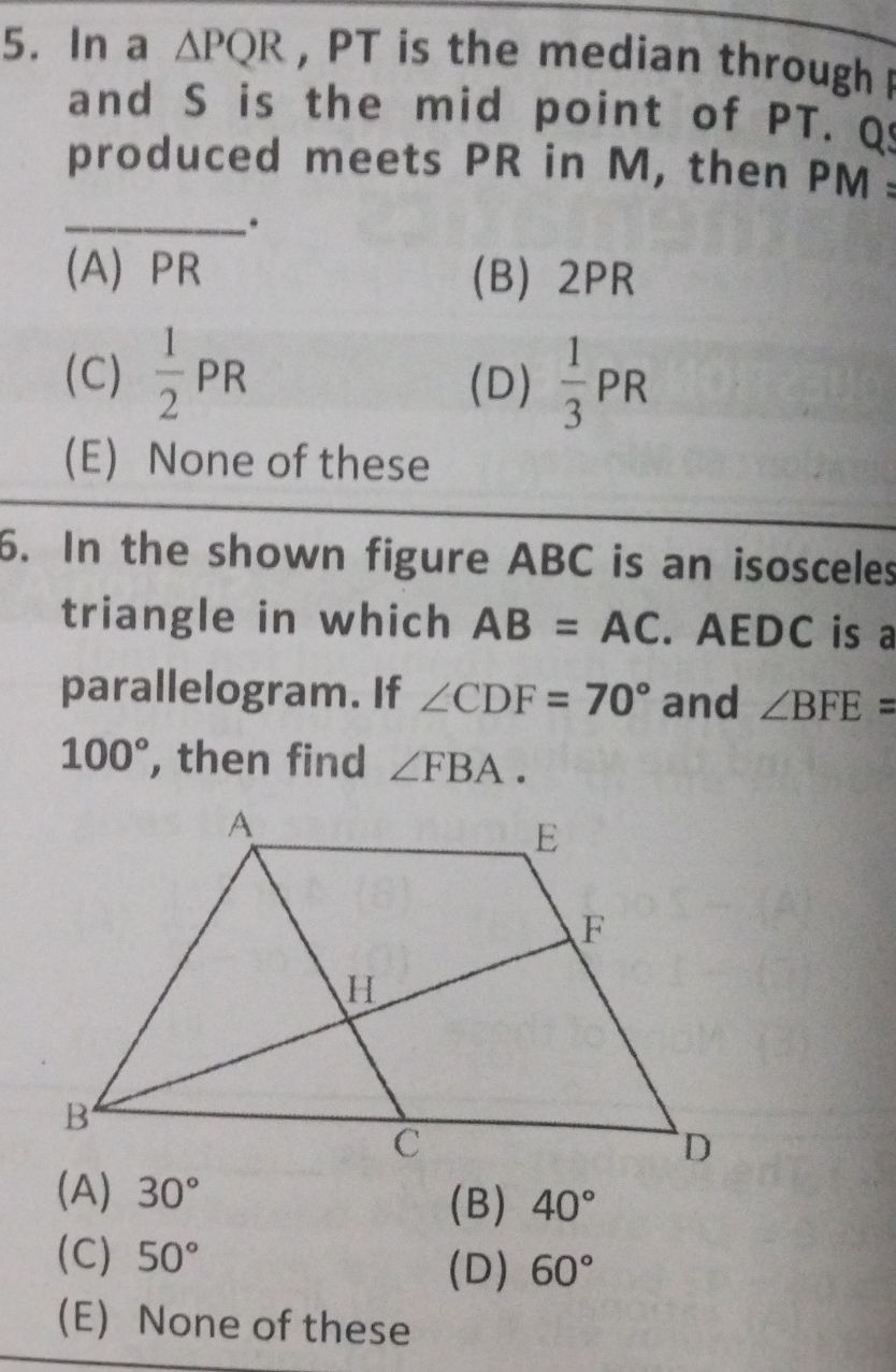5. In a $ PQR$, PT is the median through P | StudyX