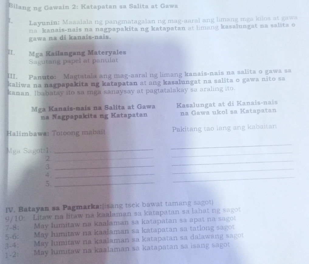 Bilang ng Gawain 2: Katapatan sa Salita at | StudyX