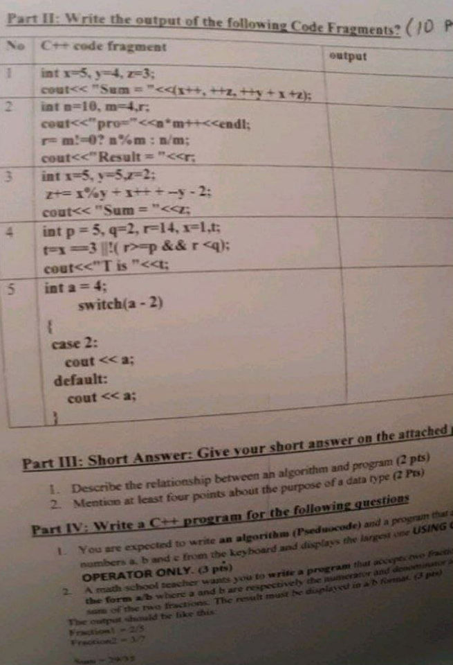 Part II: Write the output of the following | StudyX