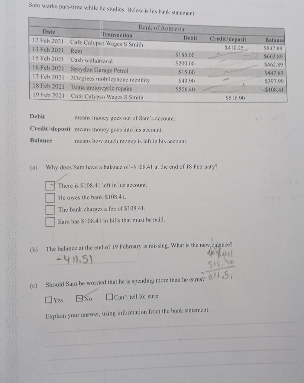 Sam works part-time while he studies. Below | StudyX