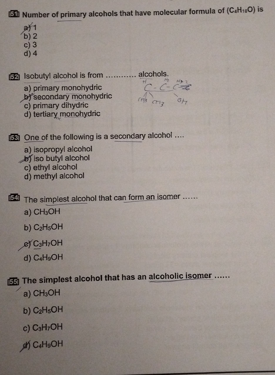 51 Number of primary alcohols that have | StudyX