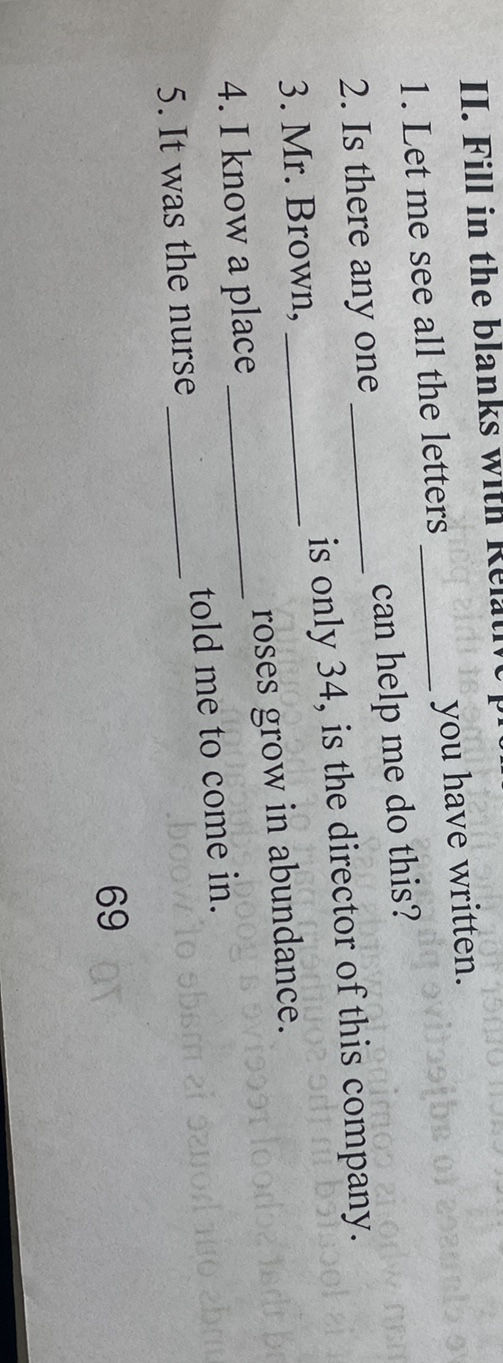 II. Fill in the blanks with Relative prom | StudyX