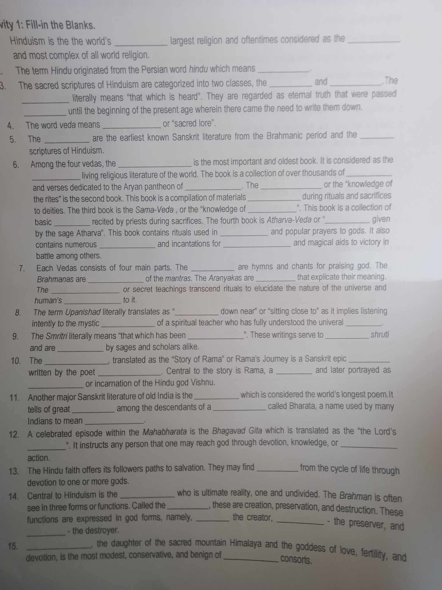 Activity 1: Fill-in the Blanks. Hinduism is | StudyX