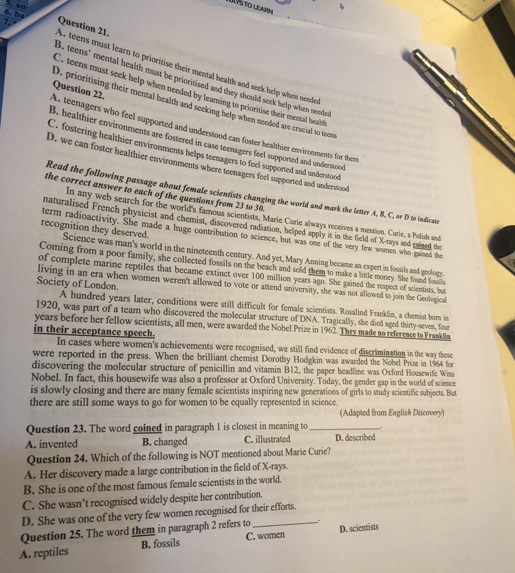 Question 21. A. teens must learn to | StudyX