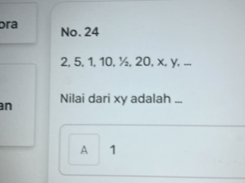 2, 5, 1, 10, {1}{2}, 20, x, y, ... Nilai | StudyX